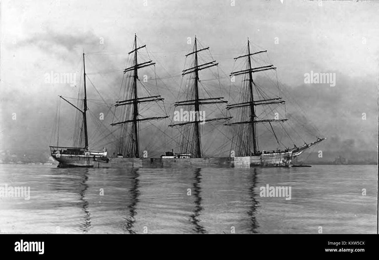 The four-masted bark *Bengairn* is depicted at anchor in Washington ...