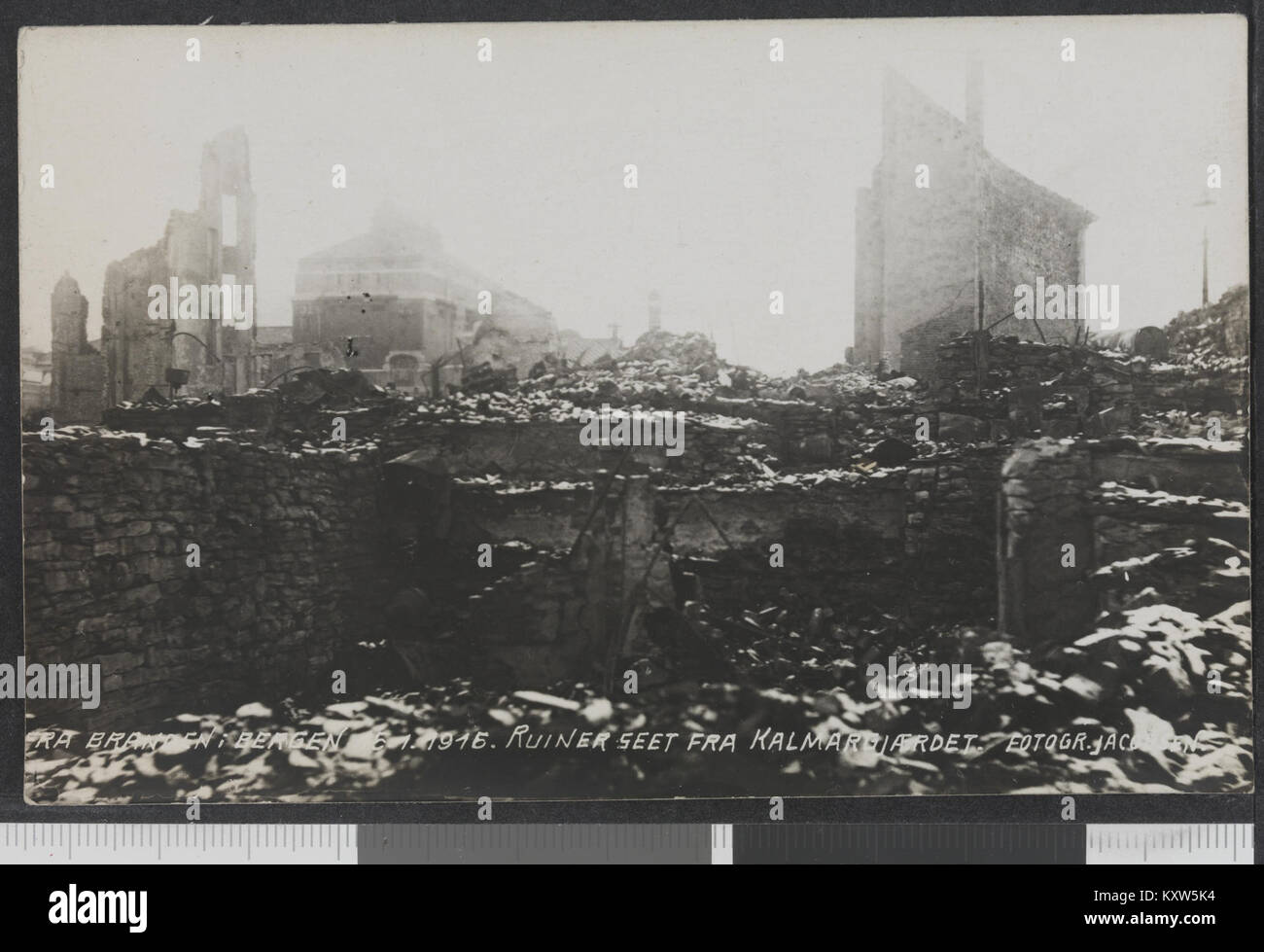 This image shows the ruins of Bergen, Norway, after the major fire on ...