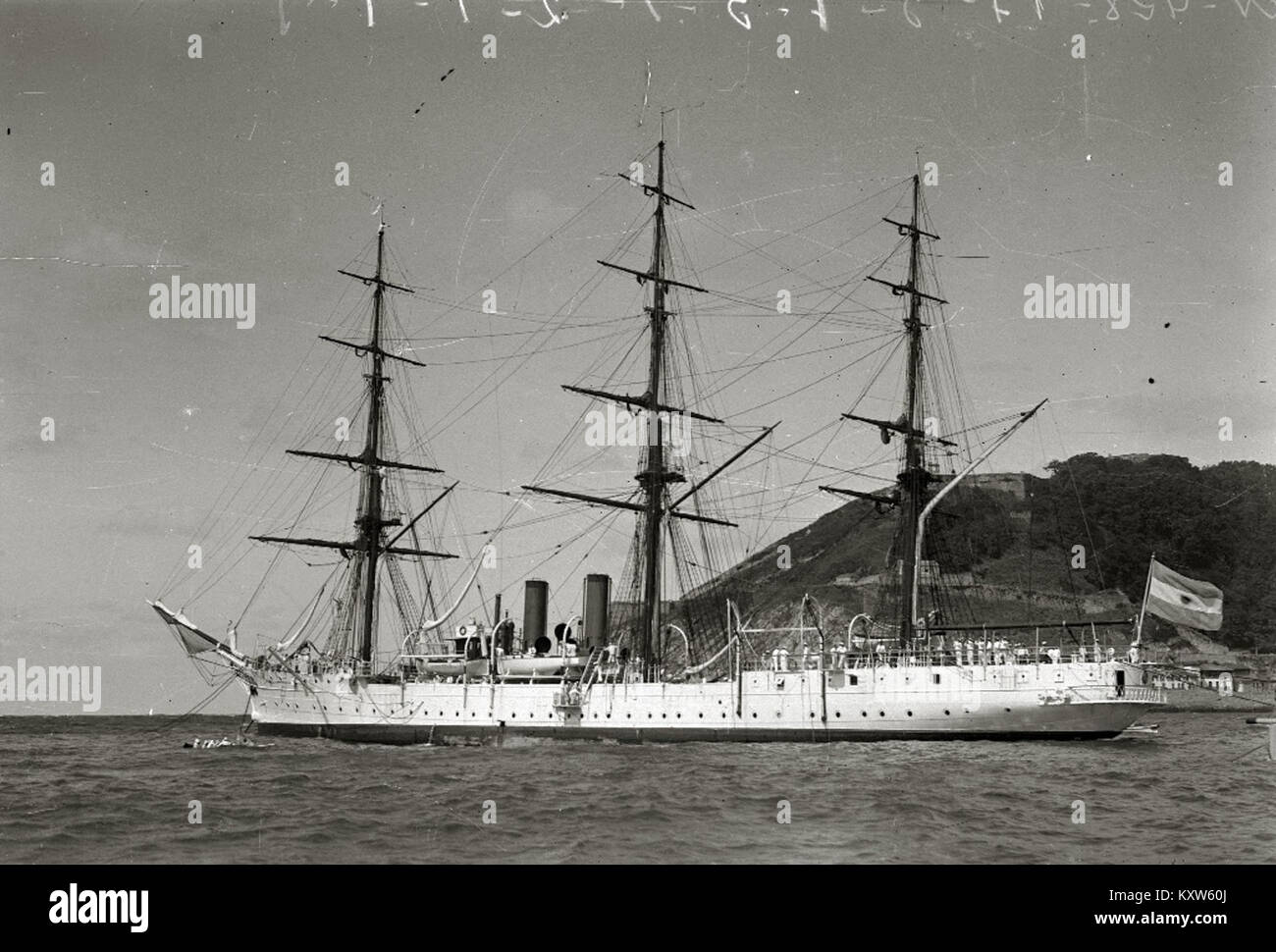 A photograph depicting a frigate in the Bay of La Concha, part of a ...