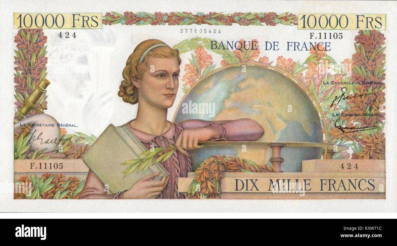 A historical French currency note, the 10,000 francs note, featuring the figure of 'Génie ...