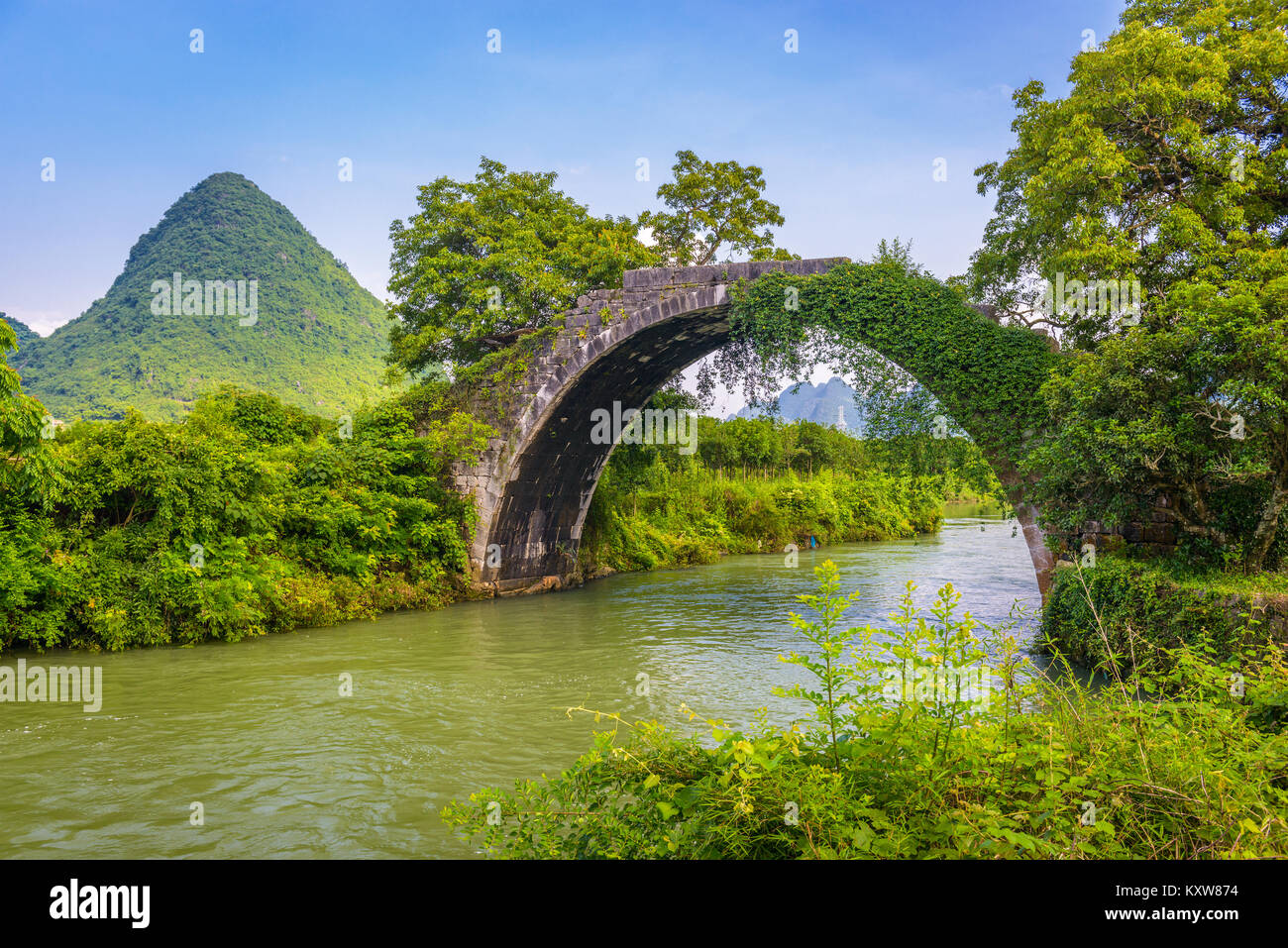 Yangshuo, China at the Dragon Bridge spanning the Li River Stock Photo ...