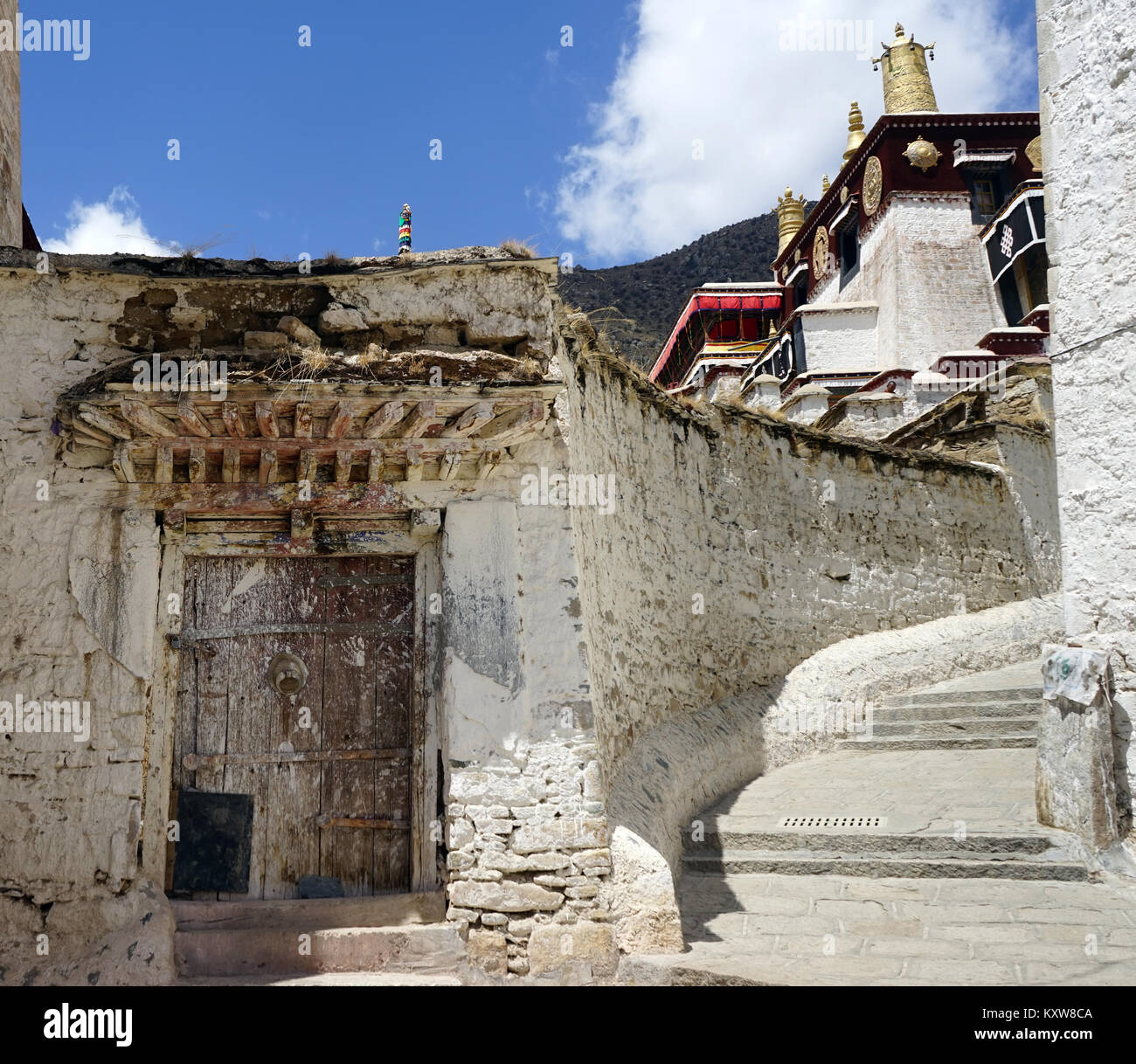 LHASA, CHINA - CIRCA MAY 2017 Doorand staircase in Drepung Monastery ...