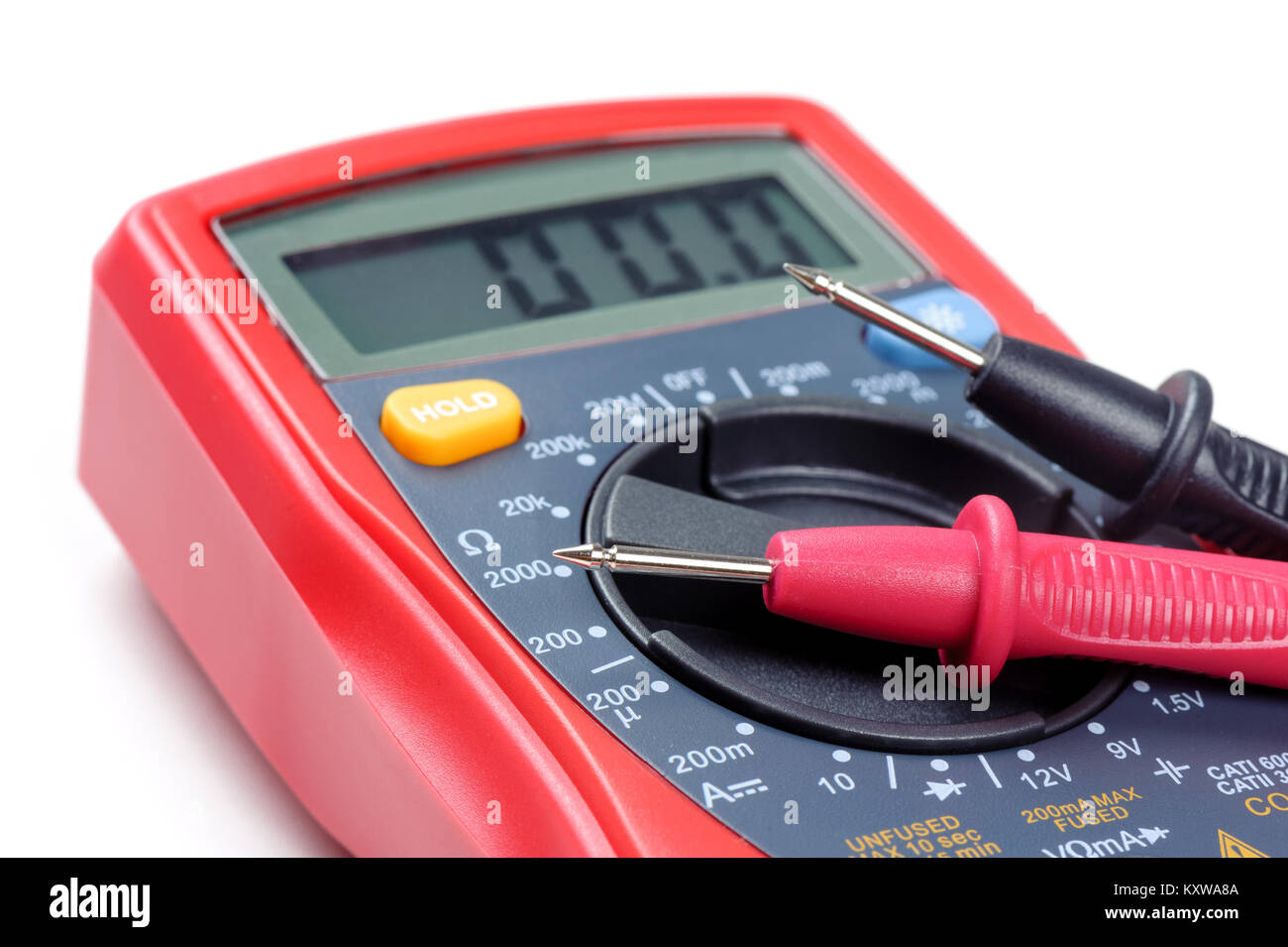 digital multimeter or multitester or Volt-Ohm meter (closeup at test ...