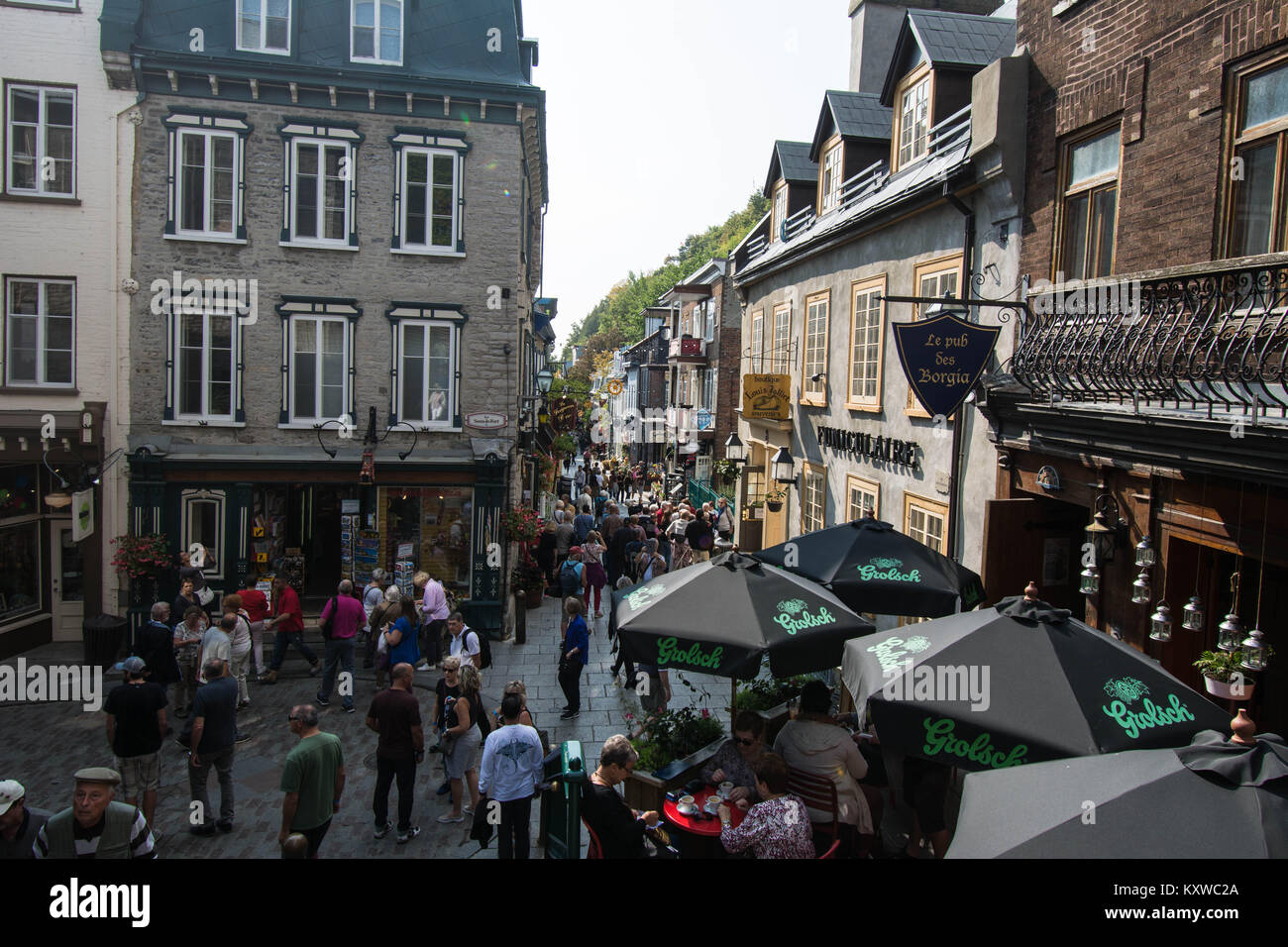Quebec square old place entrance people person tourists sign signs ...