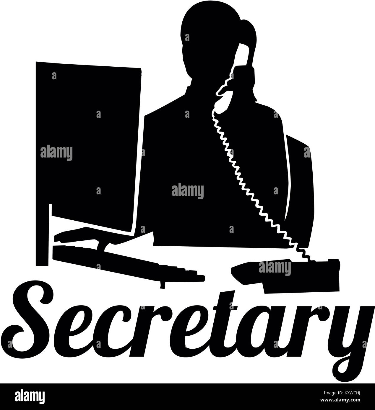 Silhouette of a female secretary with computer, telephone and job title ...