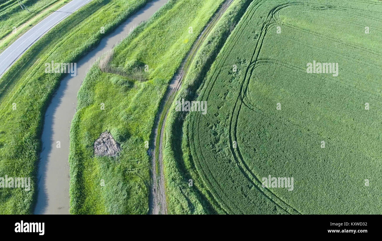 The top view of the wheat field and the channel of the irrigation ...