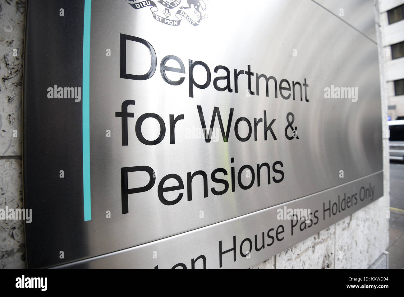 A view of signage for the Department for Work & Pensions in Westminster ...