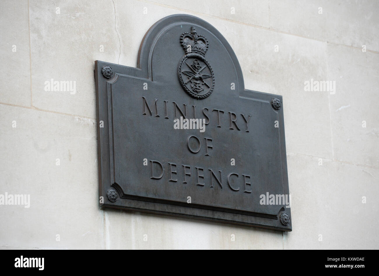 A view of signage for the Ministry of Defence in Westminster, London ...