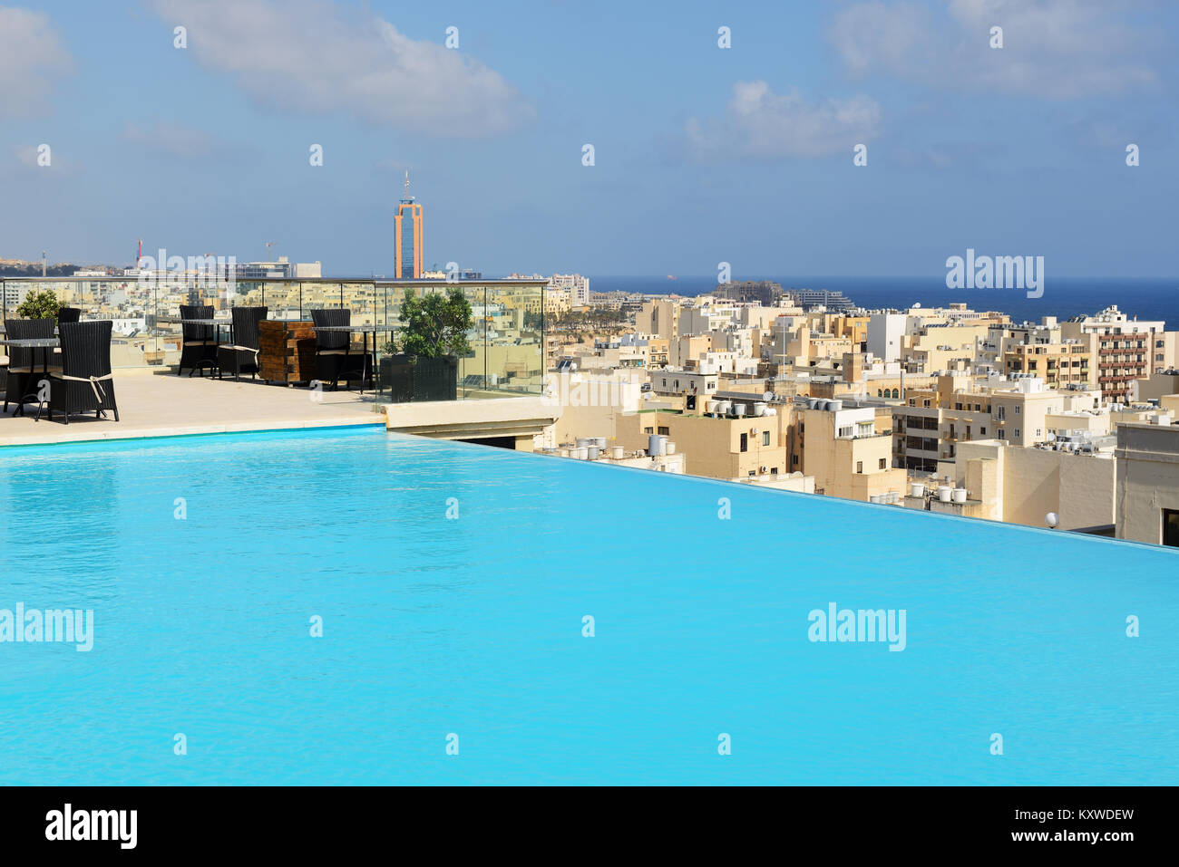 The swimming pool on the top of building of hotel, Malta Stock Photo ...