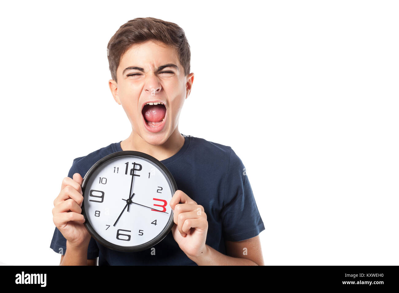 young boy holding watch and shouting Stock Photo - Alamy