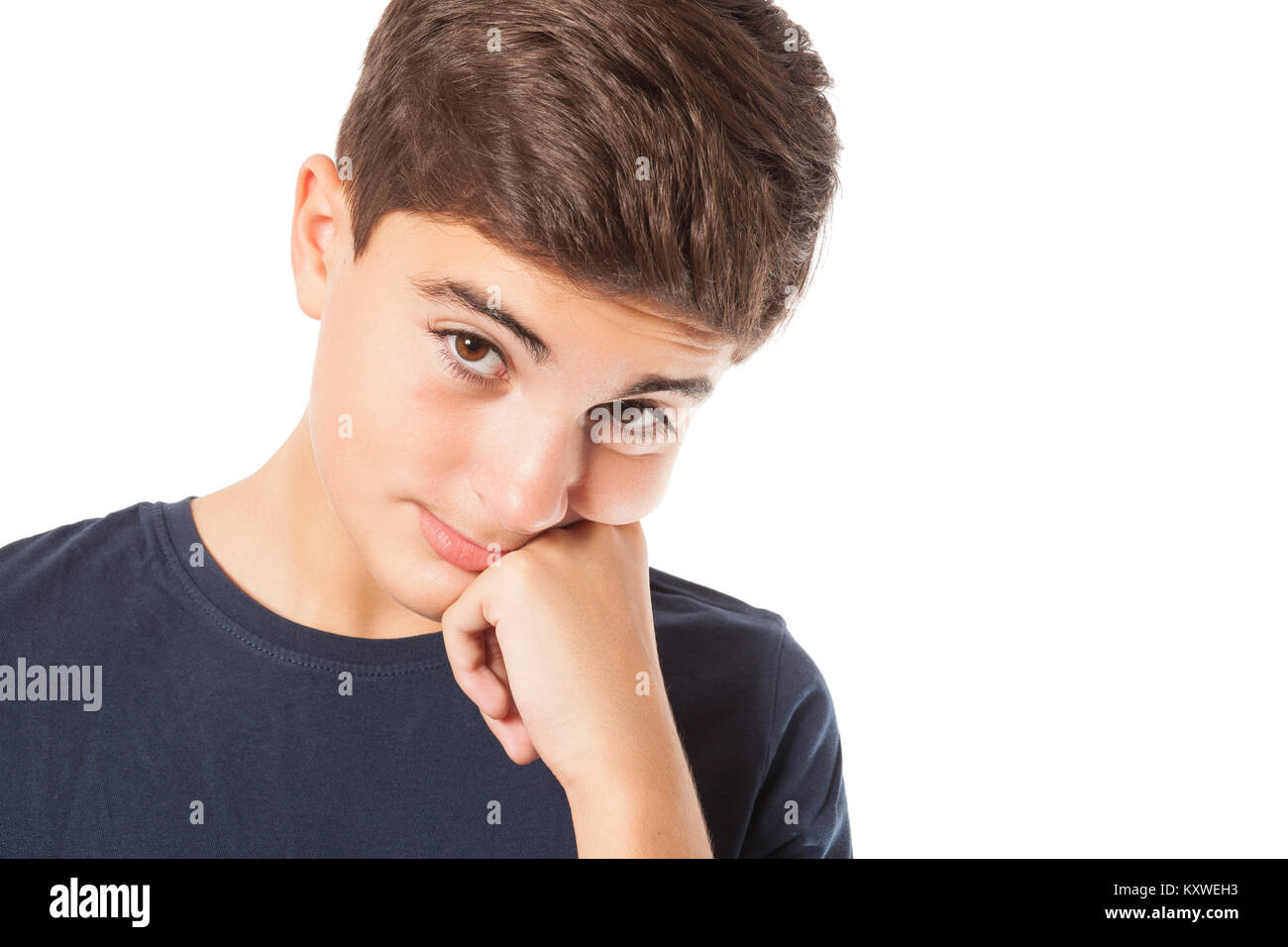 pensive little boy on white background Stock Photo - Alamy