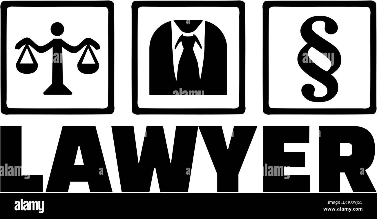 Lawyer word with icons scale suit paragraph Stock Photo - Alamy