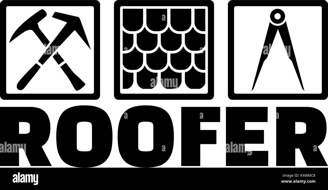 Icons for roofer with crossed roofing tools, wall and dividers and job ...