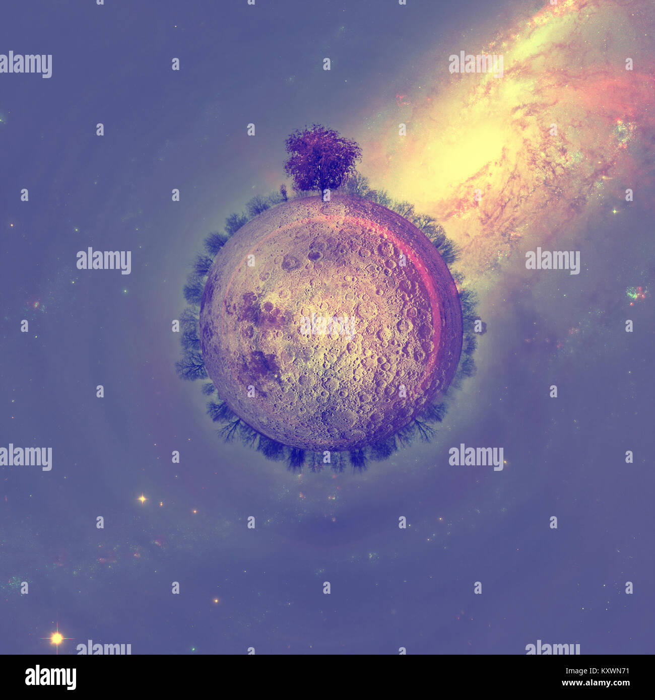 small tree over the little planet, abstract conceptual alien planet in ...