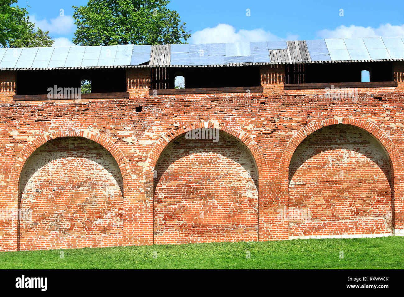 Ancient massive red brick wall of Kremlin in Zaraysk, Moscow region ...