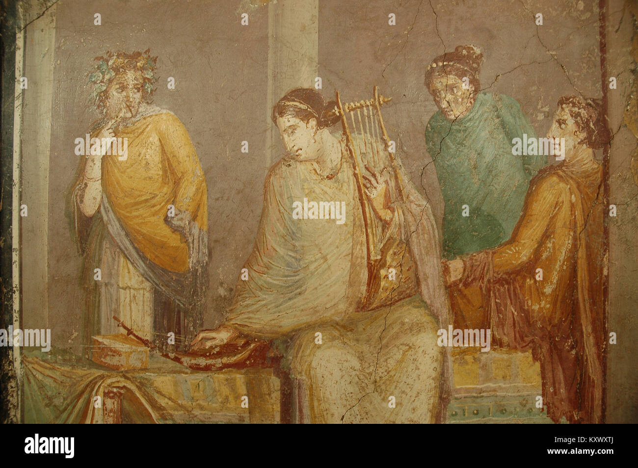Woman, young, sitting, sofa, harp and kithara, fresco Pompeii, 2008 ...