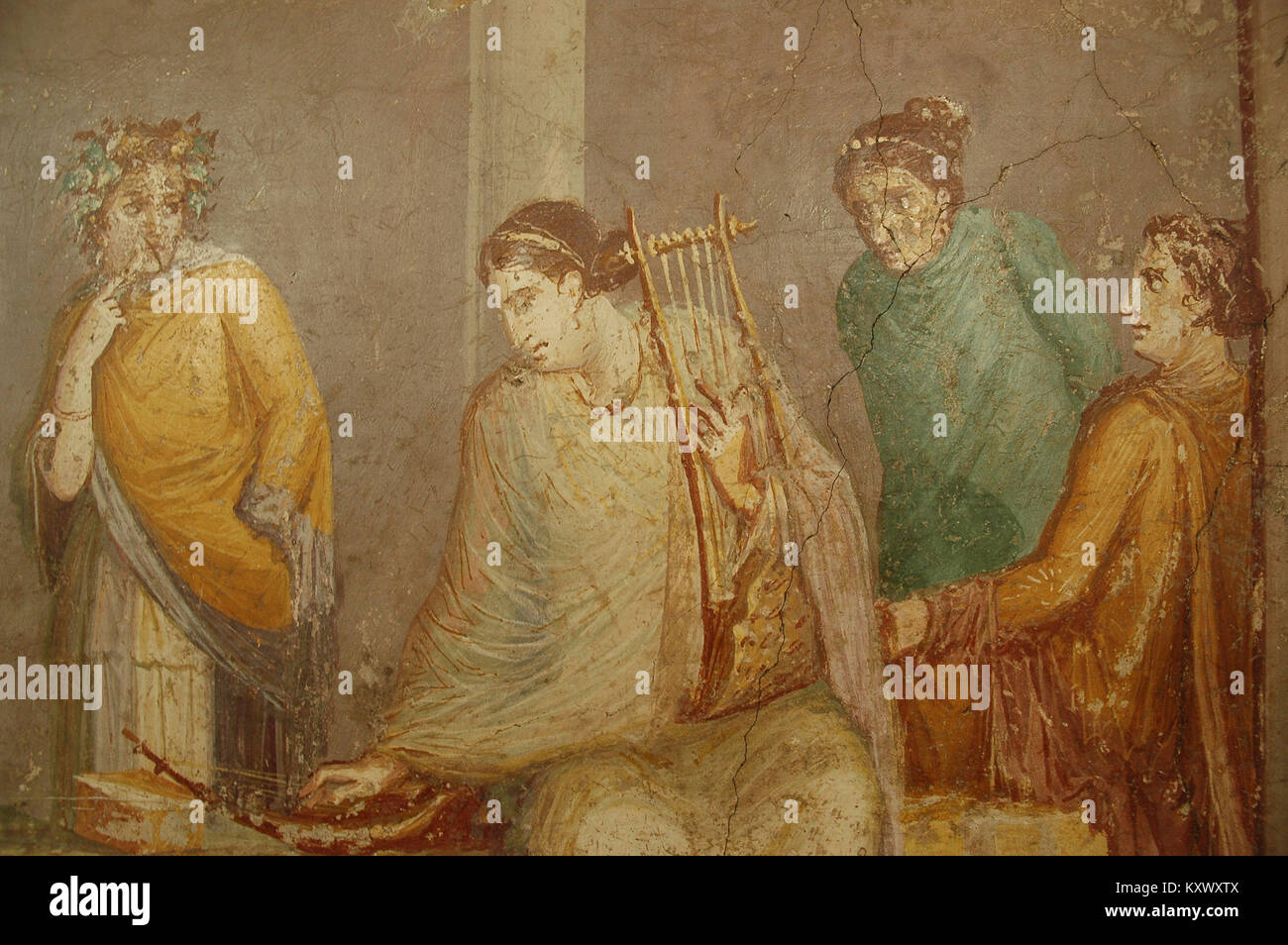 Woman, young, sitting, sofa, harp and kithara, fresco Pompeii, 2008 ...