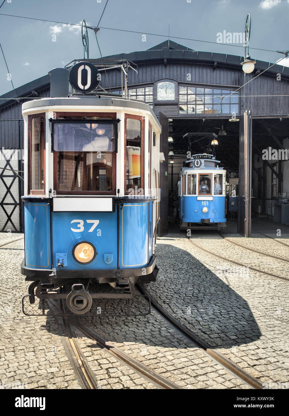old and retro blue tram Stock Photo - Alamy