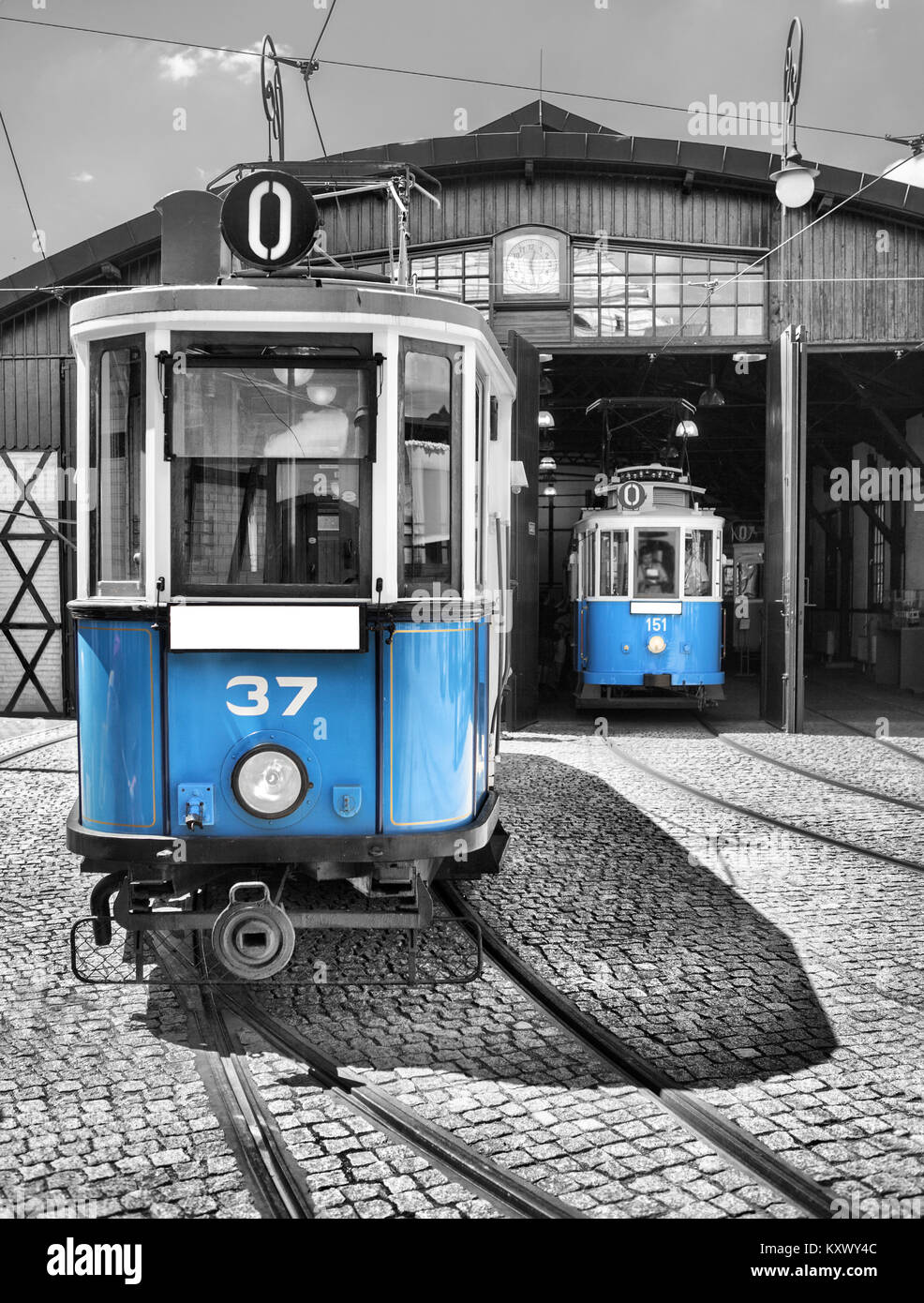 Old retro blue tram hi-res stock photography and images - Alamy