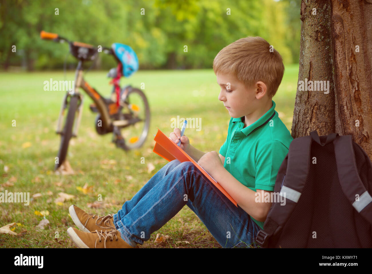 Portrait of one cute boy, he draws in park Stock Photo - Alamy