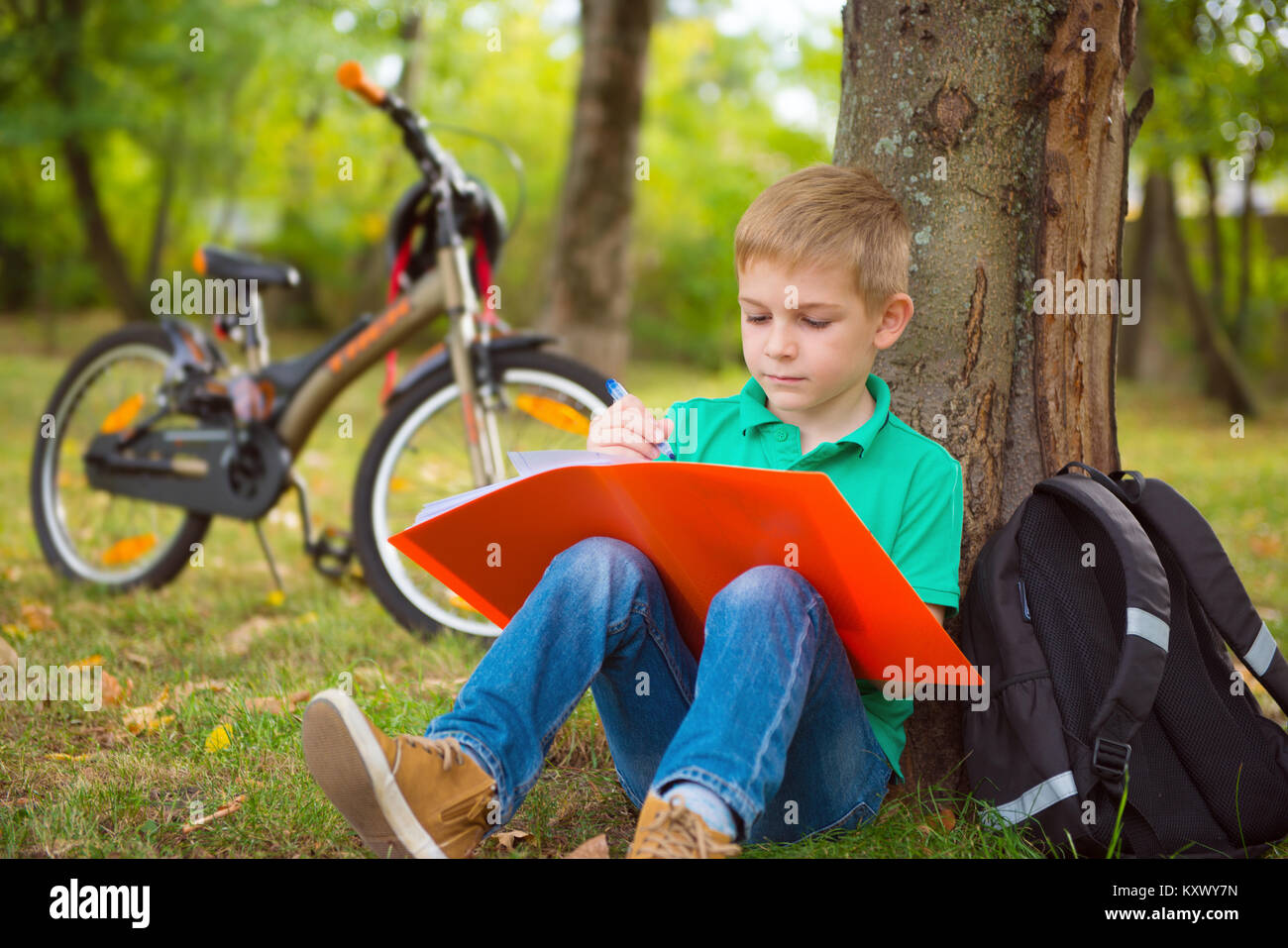 Portrait of one cute boy, he draws in park Stock Photo - Alamy