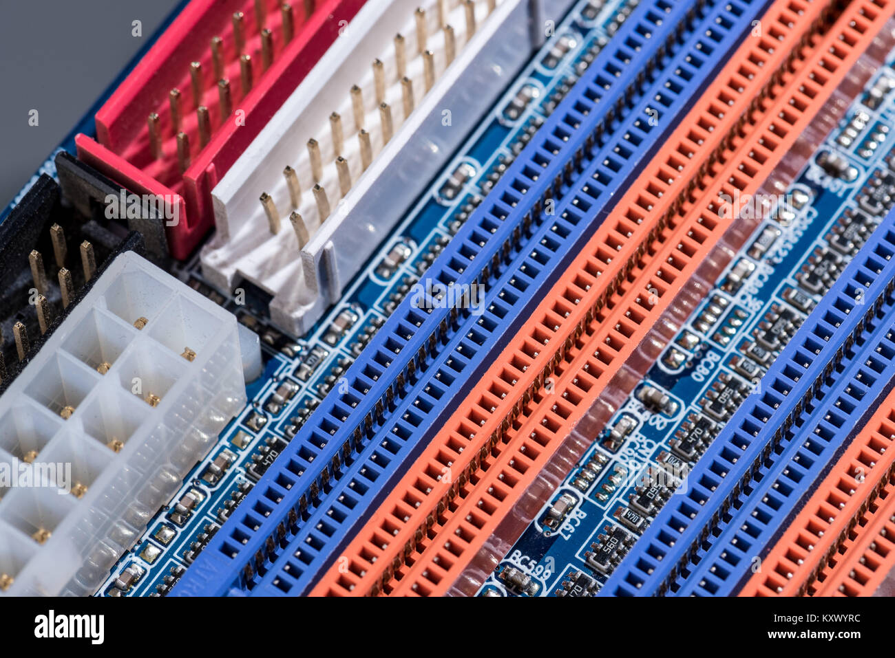 close up view of computer motherboard colorful ports Stock Photo - Alamy
