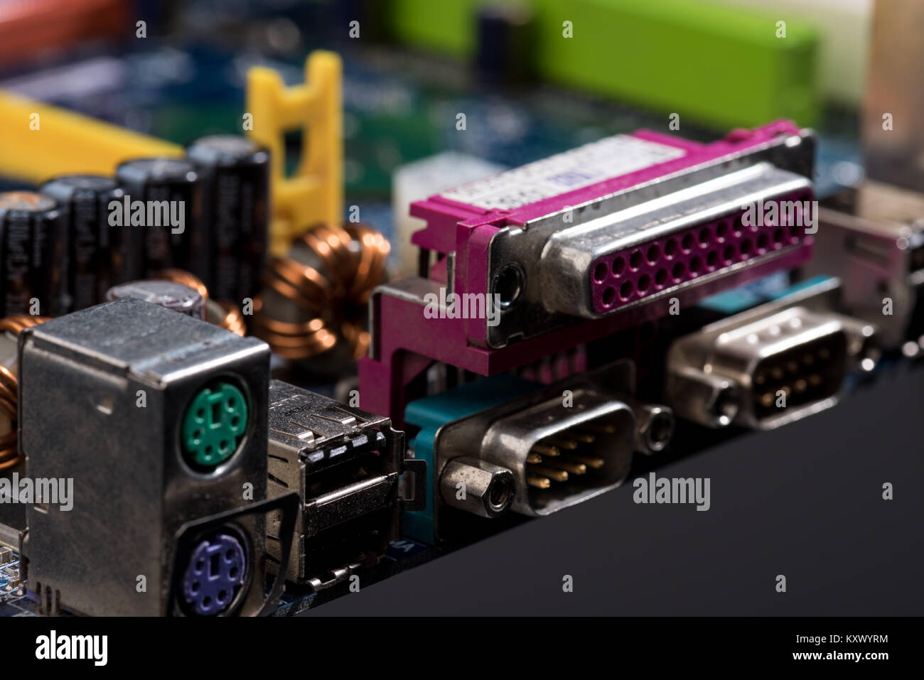 close up view of computer motherboard colorful ports Stock Photo - Alamy
