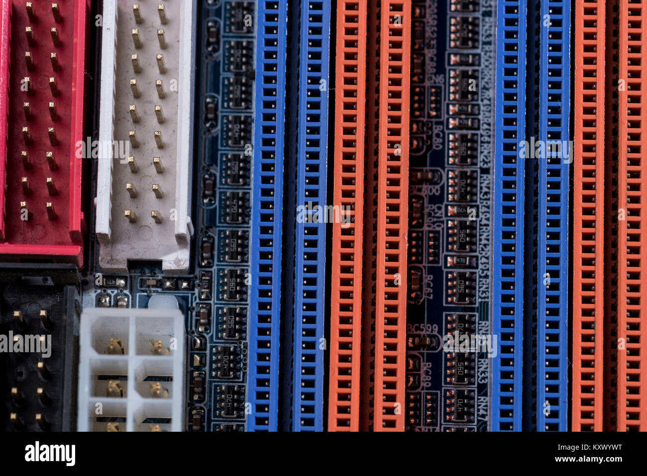 close up view of computer motherboard colorful ports Stock Photo - Alamy