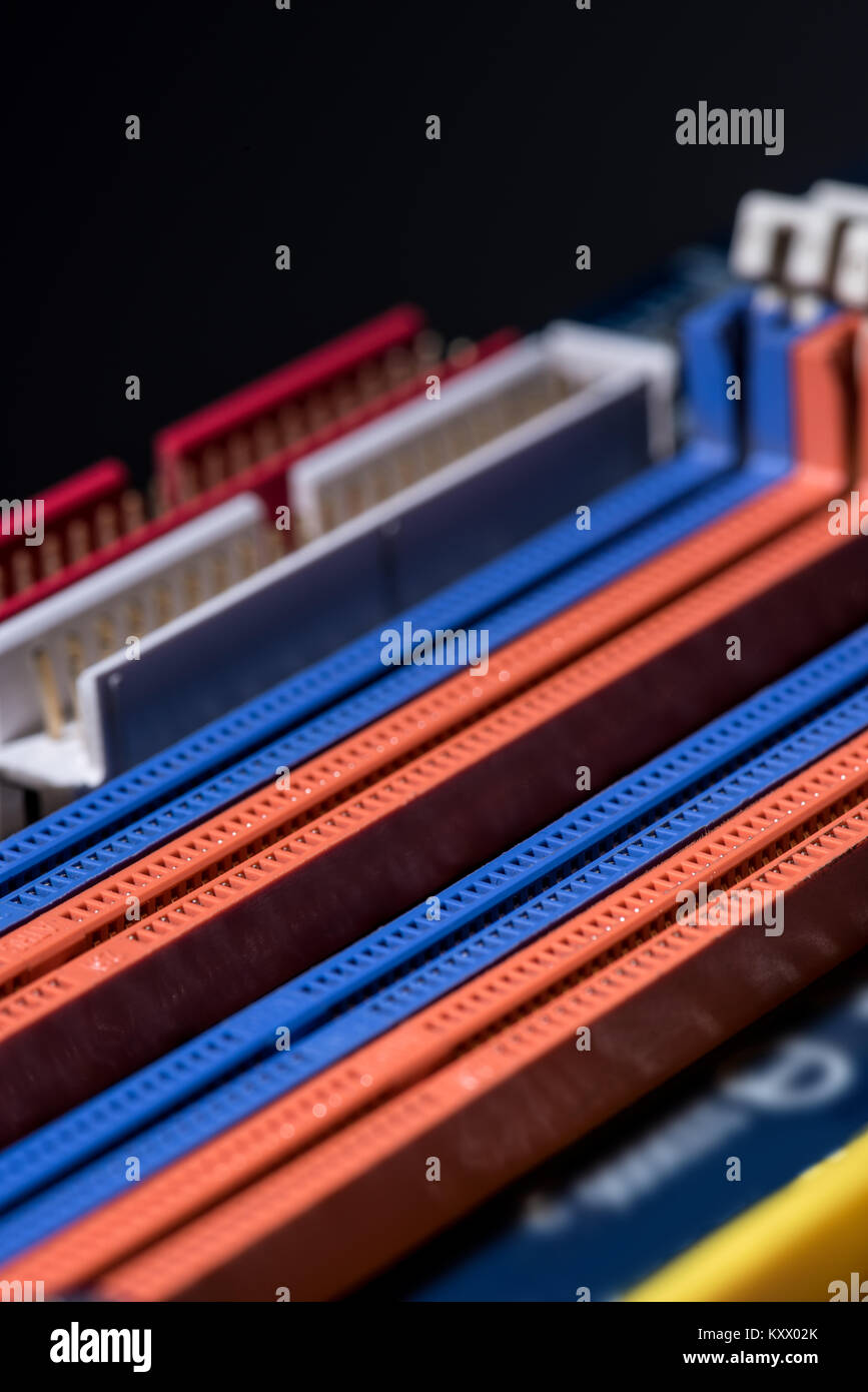 close up view of computer motherboard colorful ports Stock Photo - Alamy