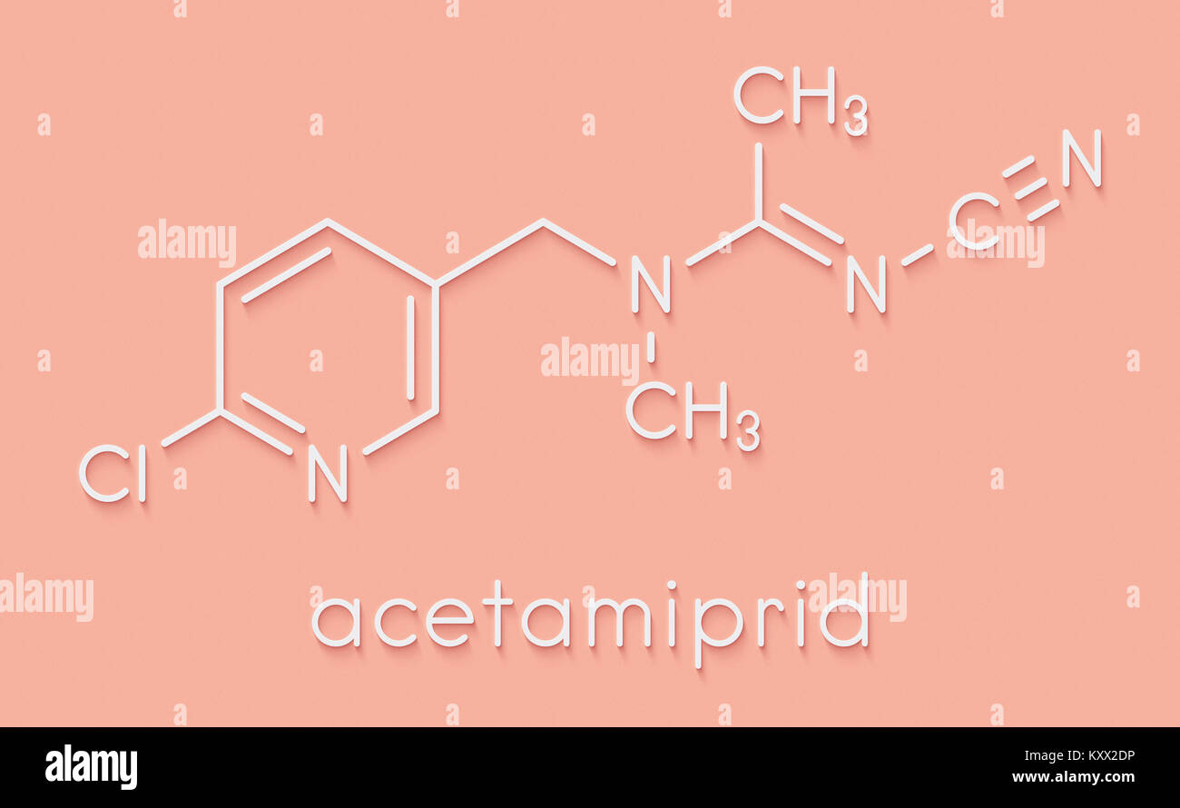 Acetamiprid insecticide molecule (neonicotinoid class). Skeletal ...