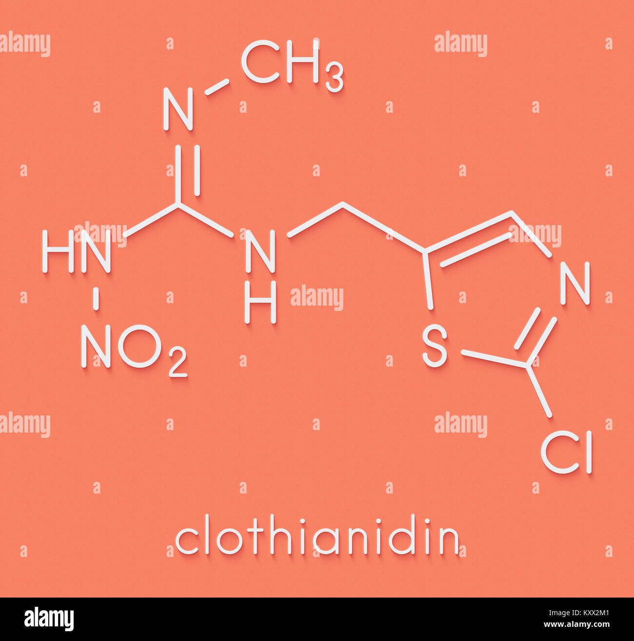 Clothianidin insecticide molecule (neonicotinoid class). Skeletal ...
