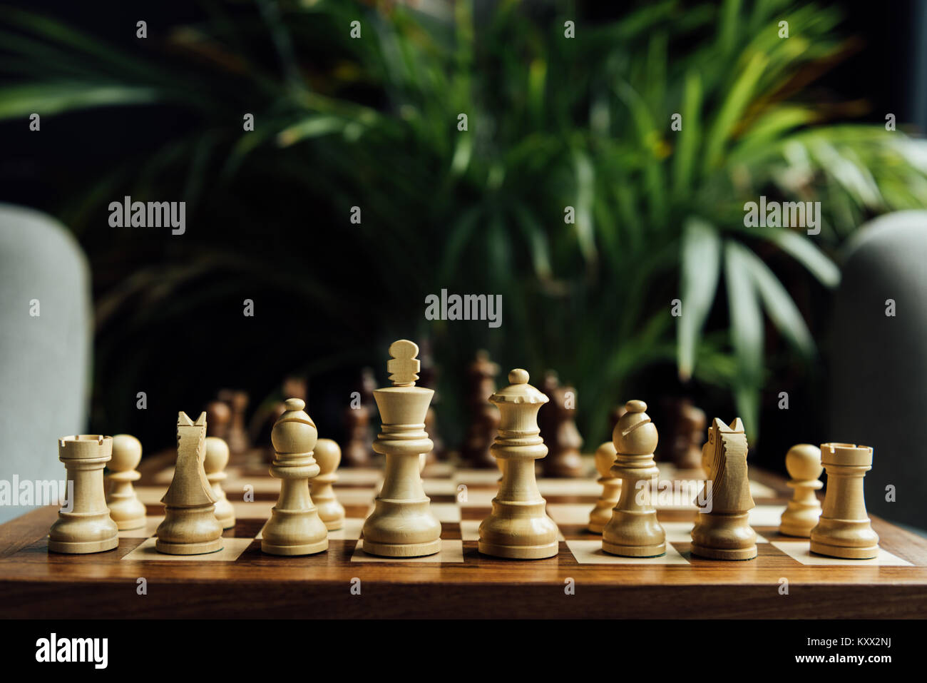 Closeup view of chess set on chess board. Selective focus on white ...