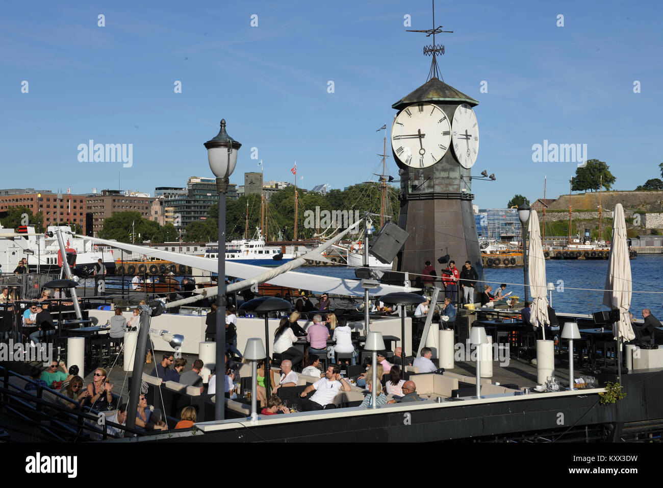 Clock, Dock, Aker Brygge, pier, 2012, Oslo, Norway Stock Photo - Alamy