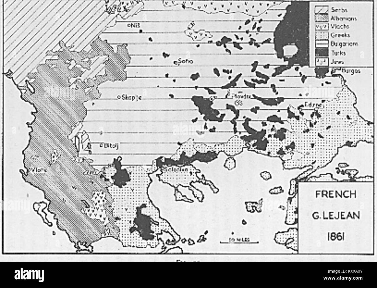 An ethnographic map of Macedonia created by G. Lejean around 1861 ...
