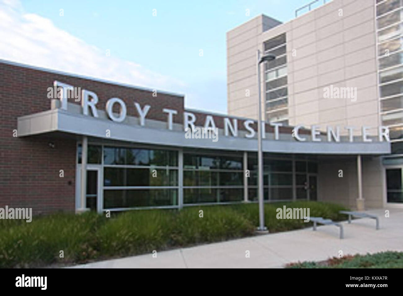A photograph of the front view of the Troy Transit Center, taken in ...