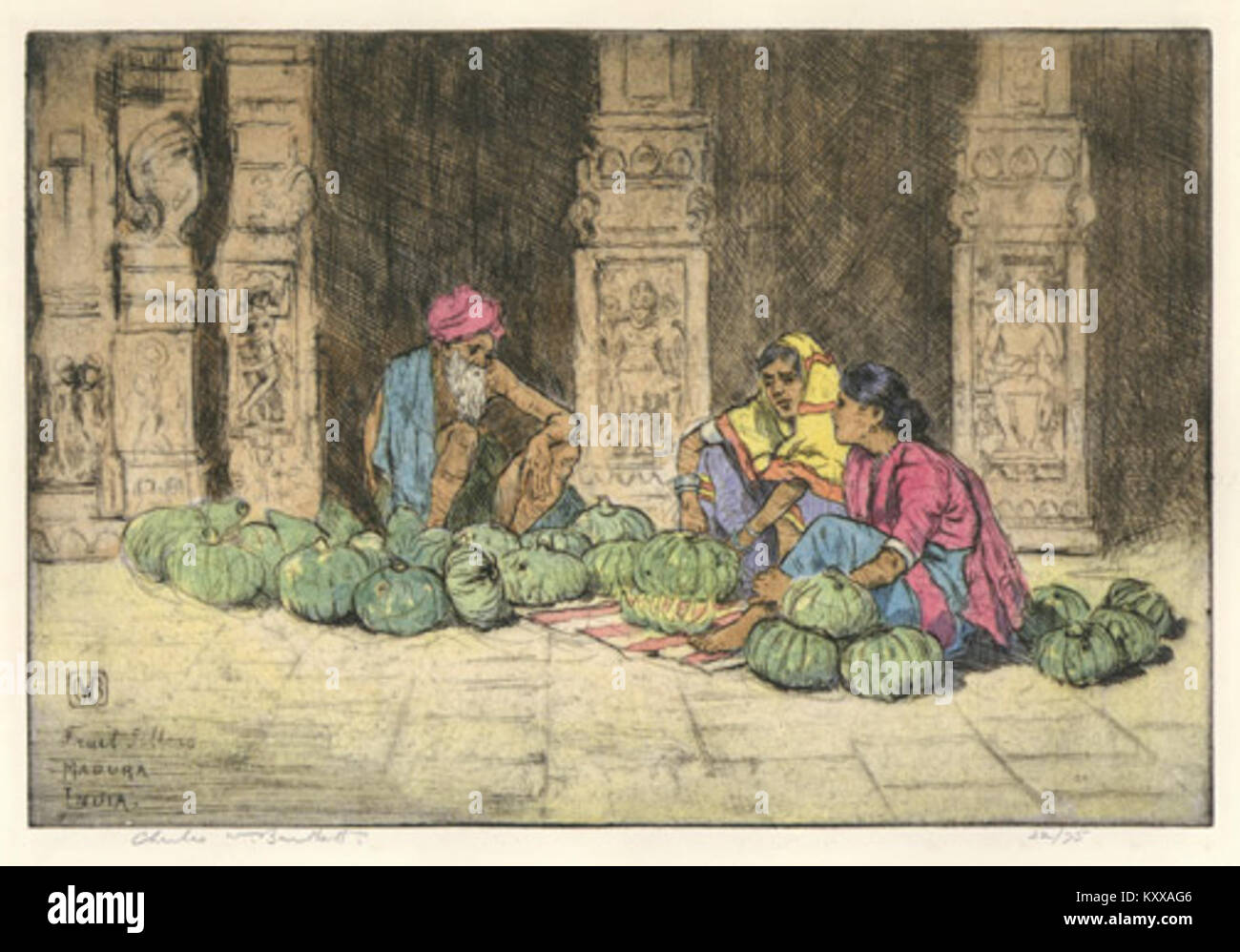 This 1923 hand-colored etching by Charles W. Bartlett depicts fruit ...