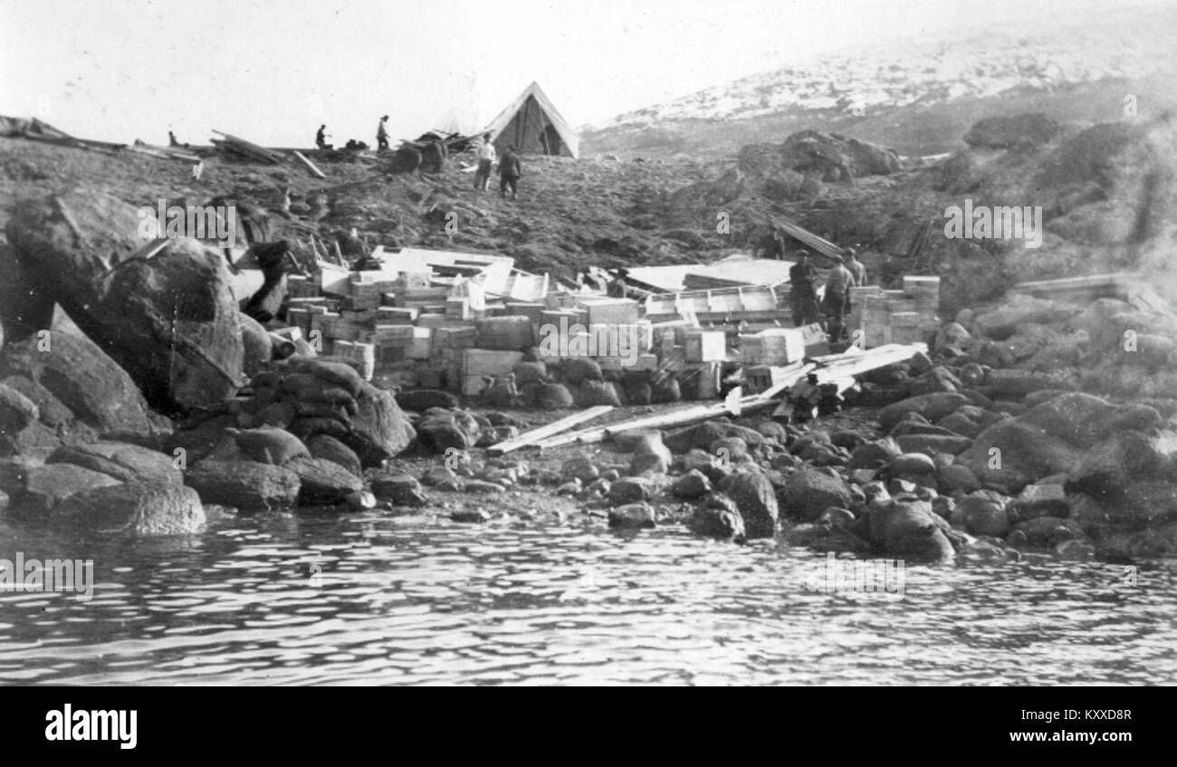 A photograph showing the construction of a fur trade post at ...