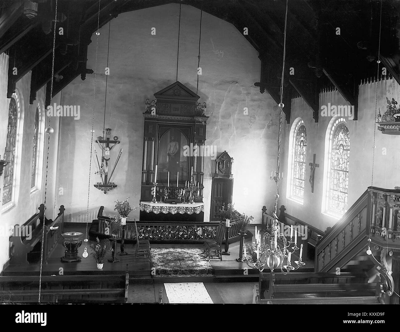 Furnes Church in Ringsaker, Norway, features a historic wooden interior ...