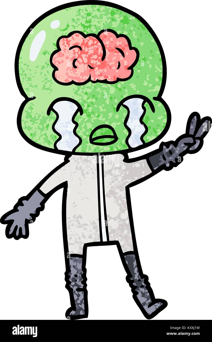 cartoon big brain alien crying and giving peace sign Stock Vector Image ...