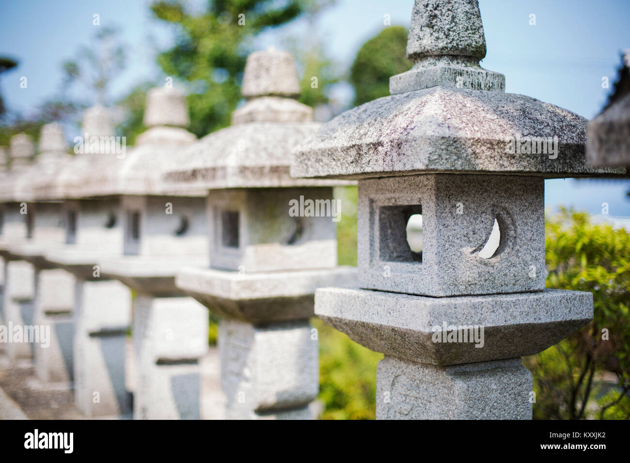 Close op of sculptural stone pillars, Japanese shinto shrine Stock ...