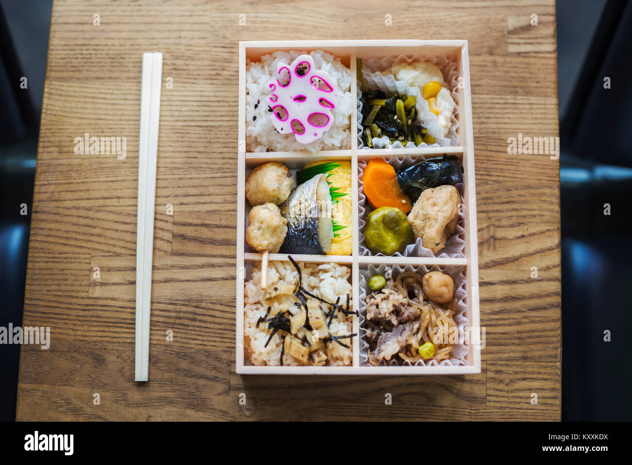 High angle close up of Bento box with traditional Japanese foods and ...
