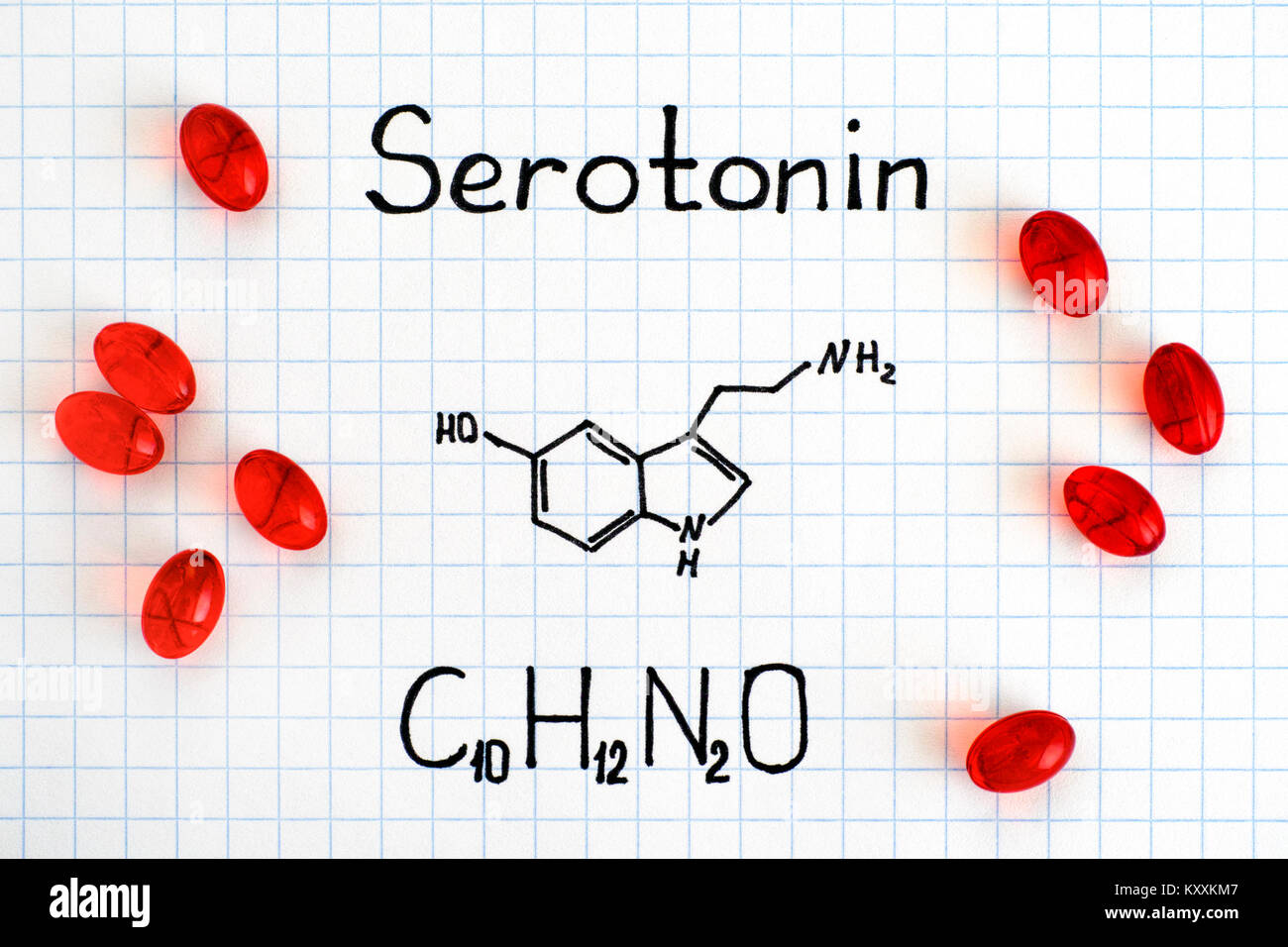 Chemical formula of Serotonin with red pills. Close-up Stock Photo - Alamy