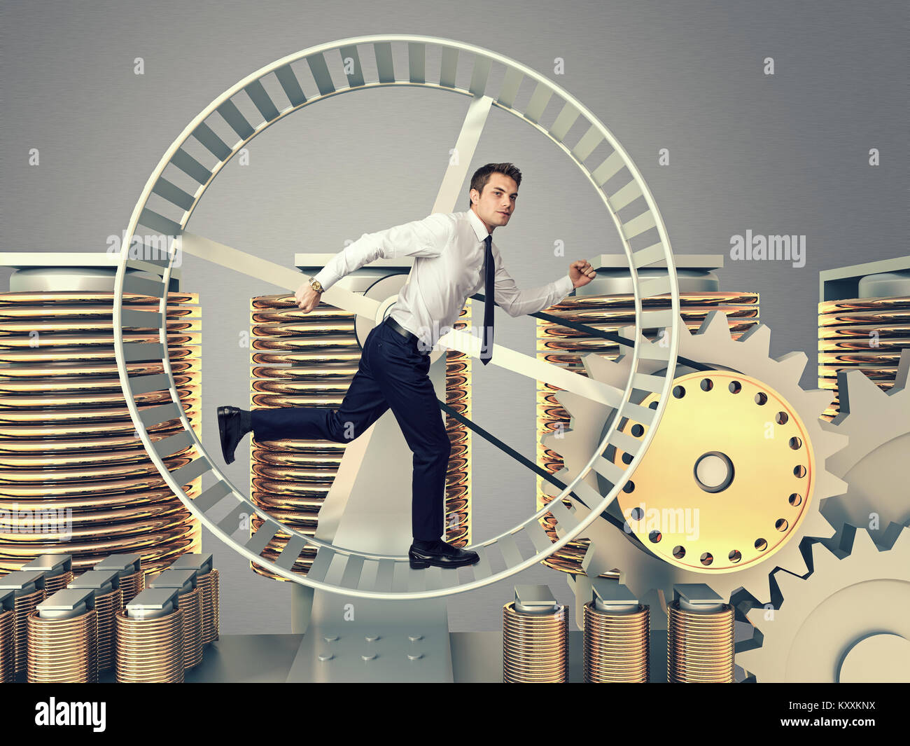 young man run in abstract 3d hamster wheel Stock Photo - Alamy