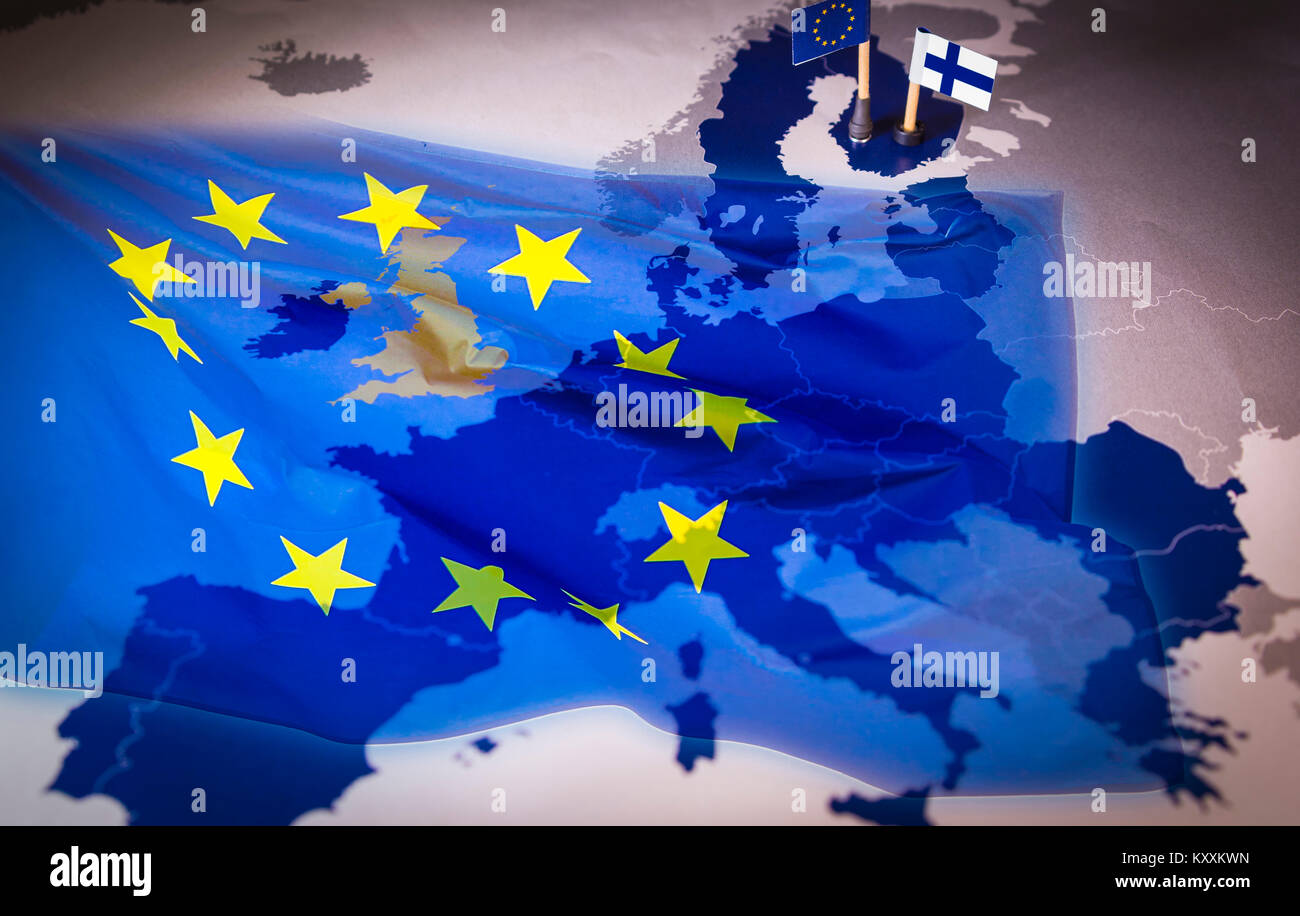 EU and Finland flags over an european union Map. Finland will hold the ...