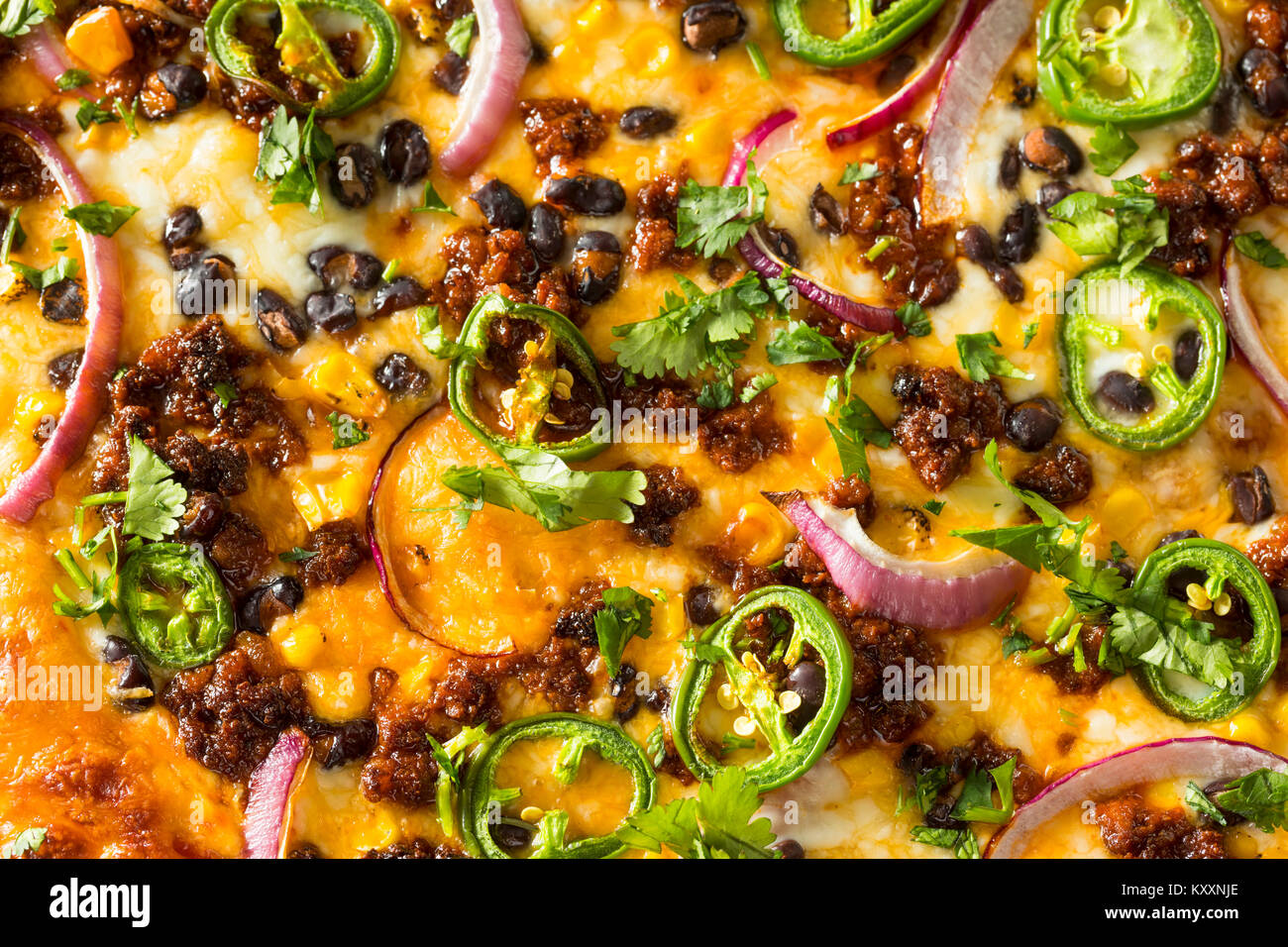 Homemade Spicy Mexican Taco PIzza with Cilantro and Chorizo Stock Photo ...