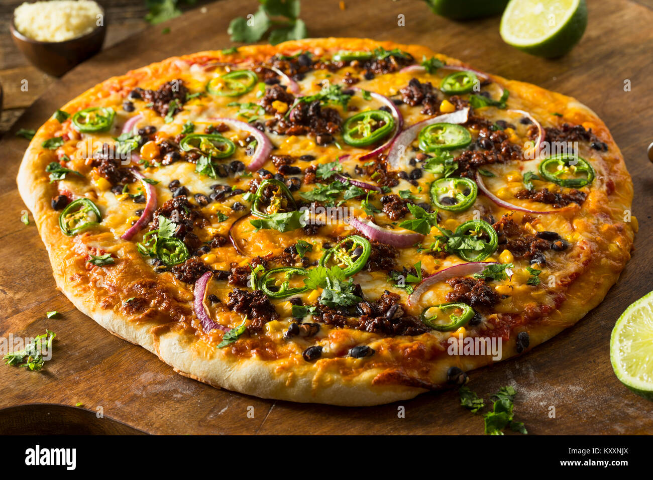 Homemade Spicy Mexican Taco PIzza with Cilantro and Chorizo Stock Photo ...