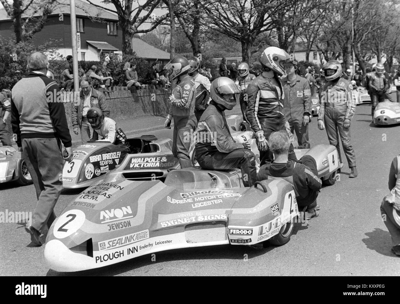 Dave Hallam and John Gibbard (no 2) who took 4th place,1986 Sidecar TT ...