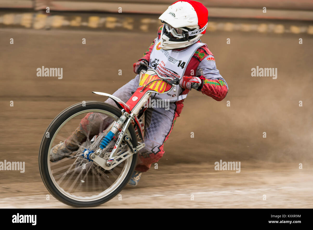 Rivne, Ukraine - 11 October 2015: Unknown rider overcomes the track at ...