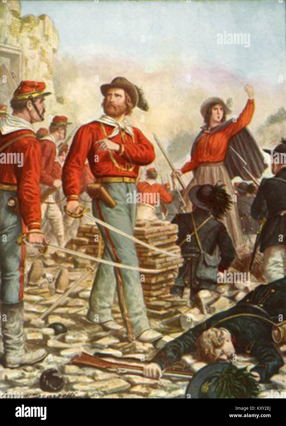 This image shows Giuseppe Garibaldi and his wife Anita, defending Rome ...