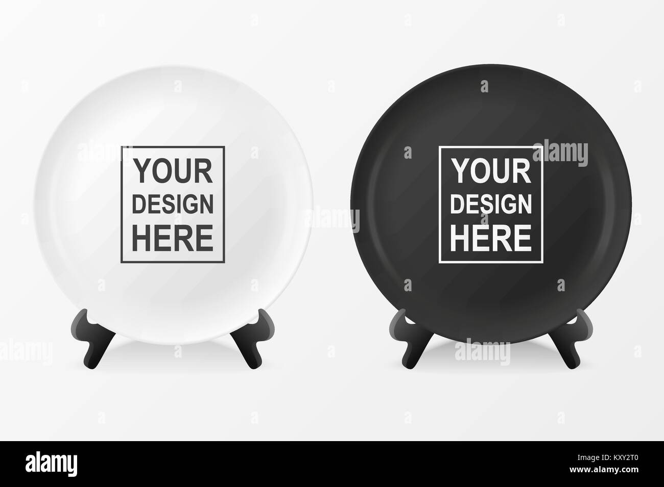 Realistic vector white and black food dish plate icon set on a stand ...